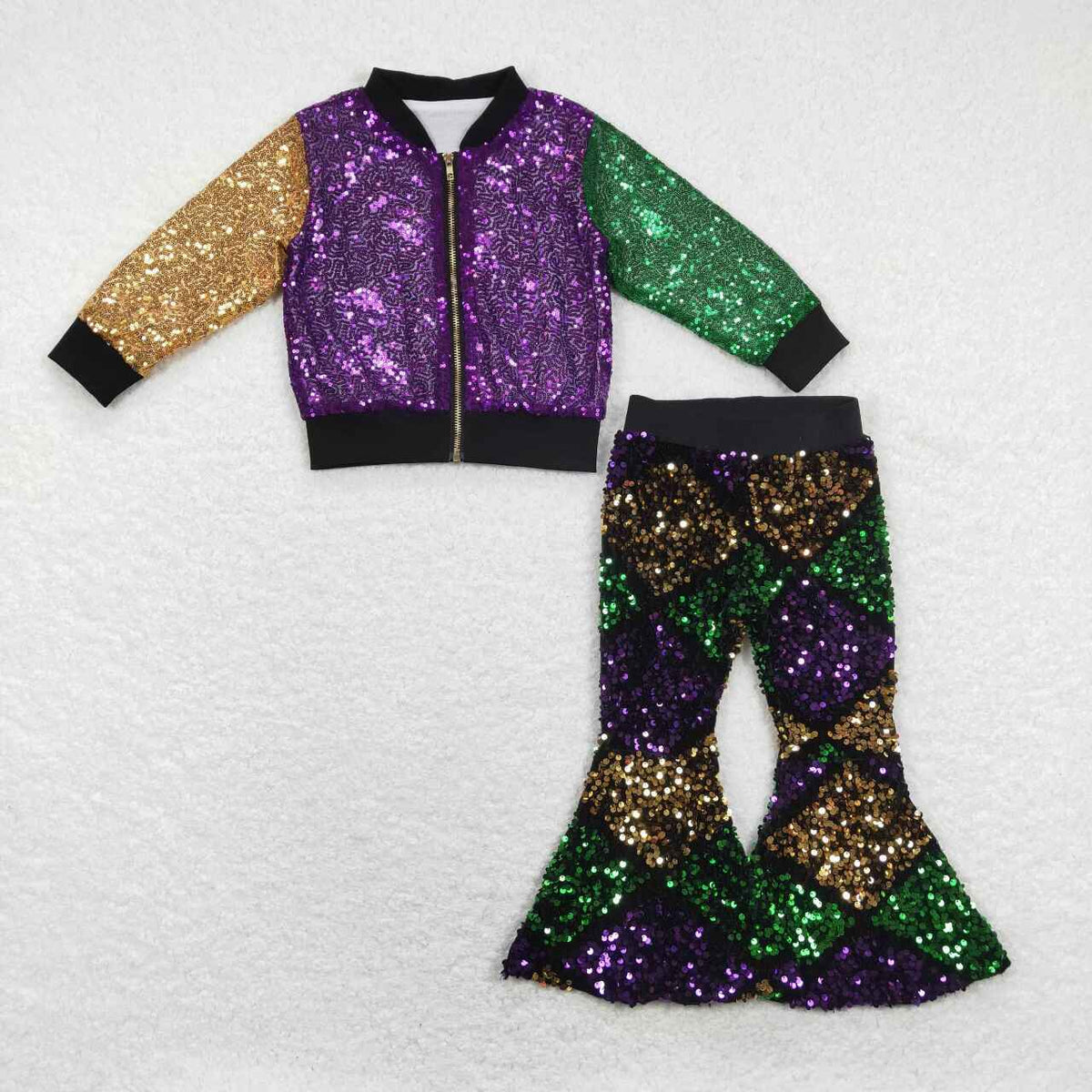GLP1159 Mardi Gras Sequin Coat Flare Pants Girl's Set – Amy yu garments wholesale