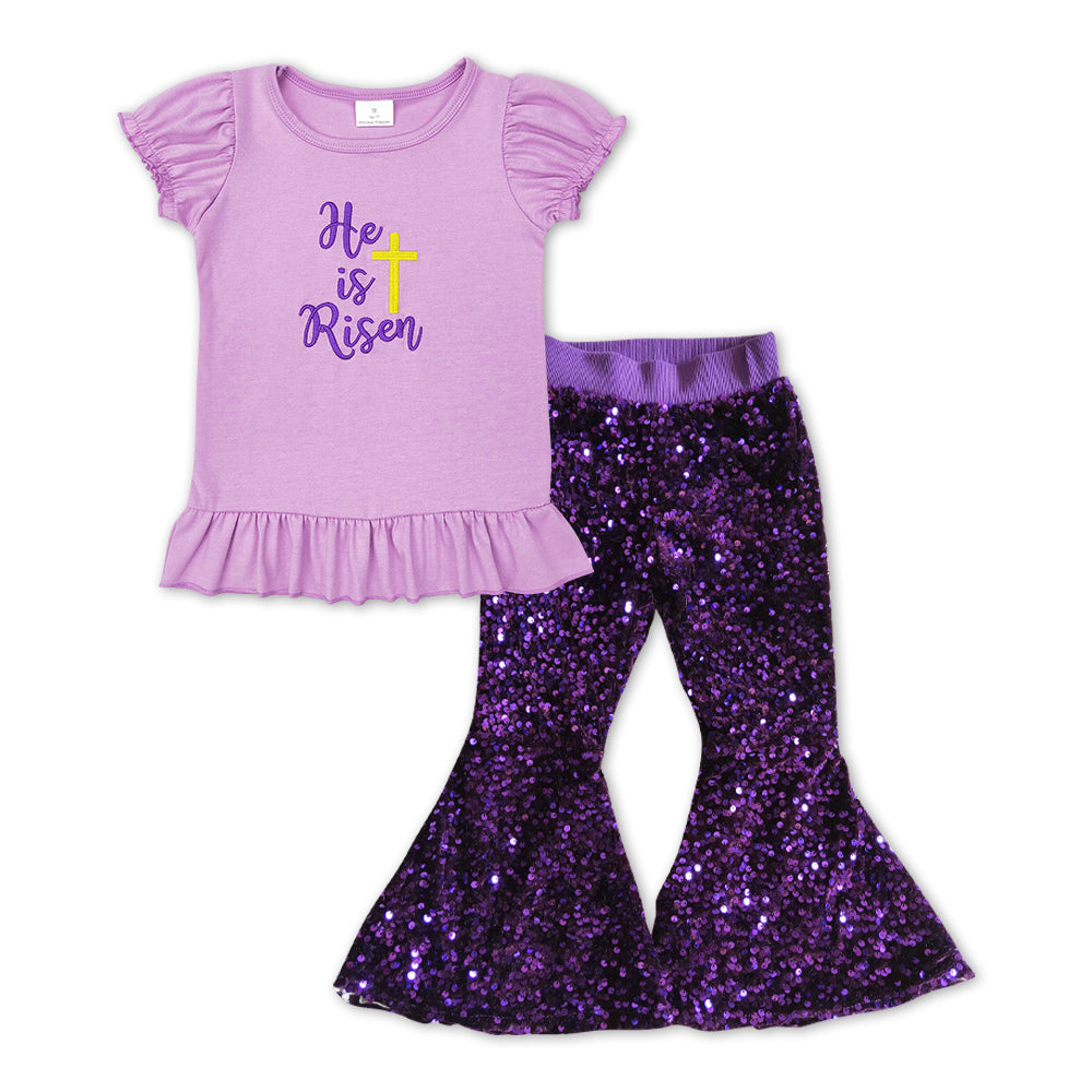 GSPO1139 Easter He is risen Purple Sequin Girl's Set – Amy yu garments wholesale
