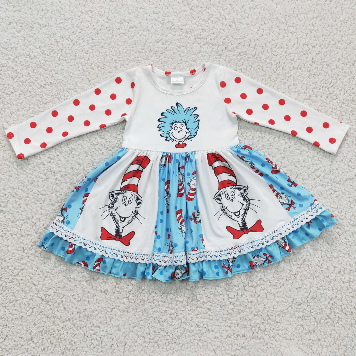 6 A9-18 Girl's Dots Blue Long Sleeves Reading Dress – Amy yu garments wholesale