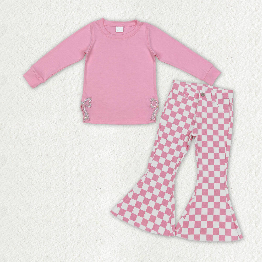 GLP2301 Bows Embroidery Pink Plaid Denim Jeans 2 Pcs Girl's Set – Amy ...