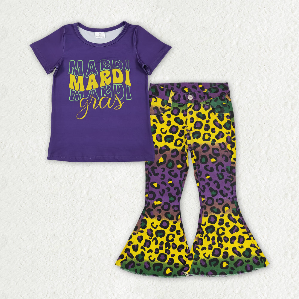 GSPO2166 Mardi Gras Leopard Jeans Girl's Set – Amy yu garments wholesale