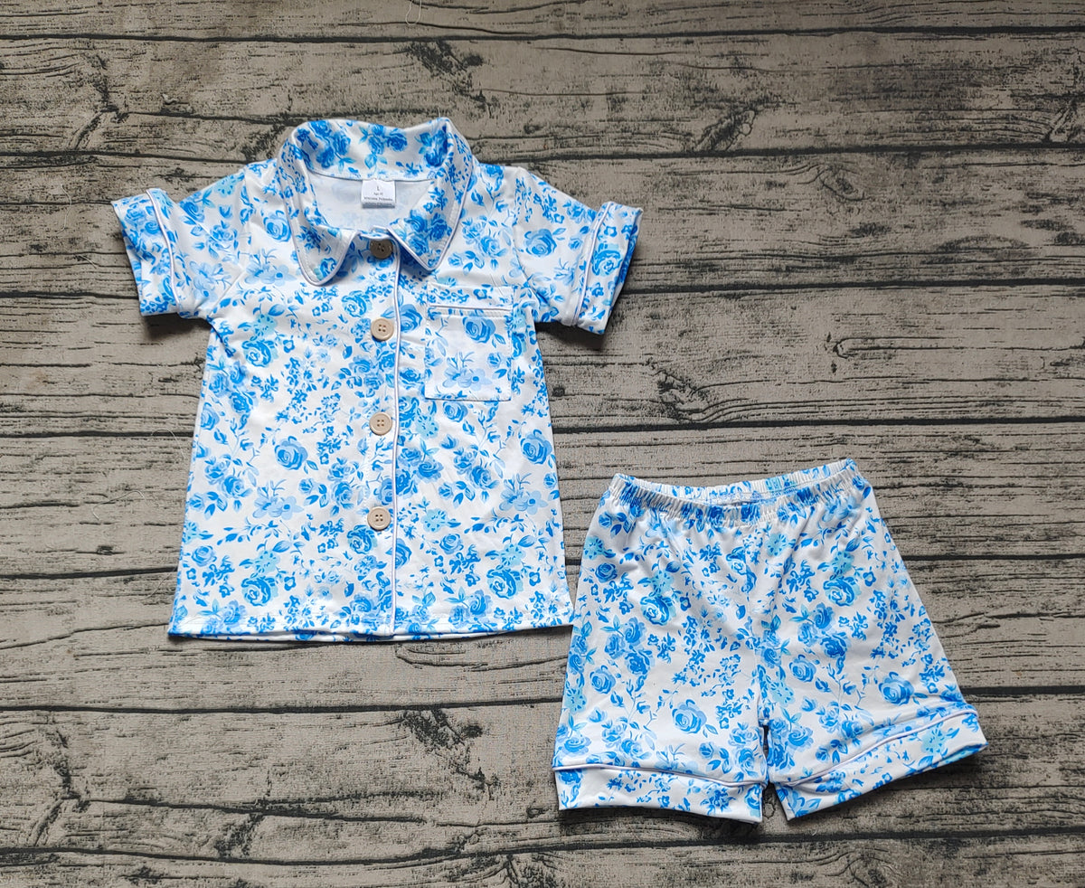 GSSO1120 Flower Blue Girls Shorts Pajamas Set – Amy yu garments wholesale