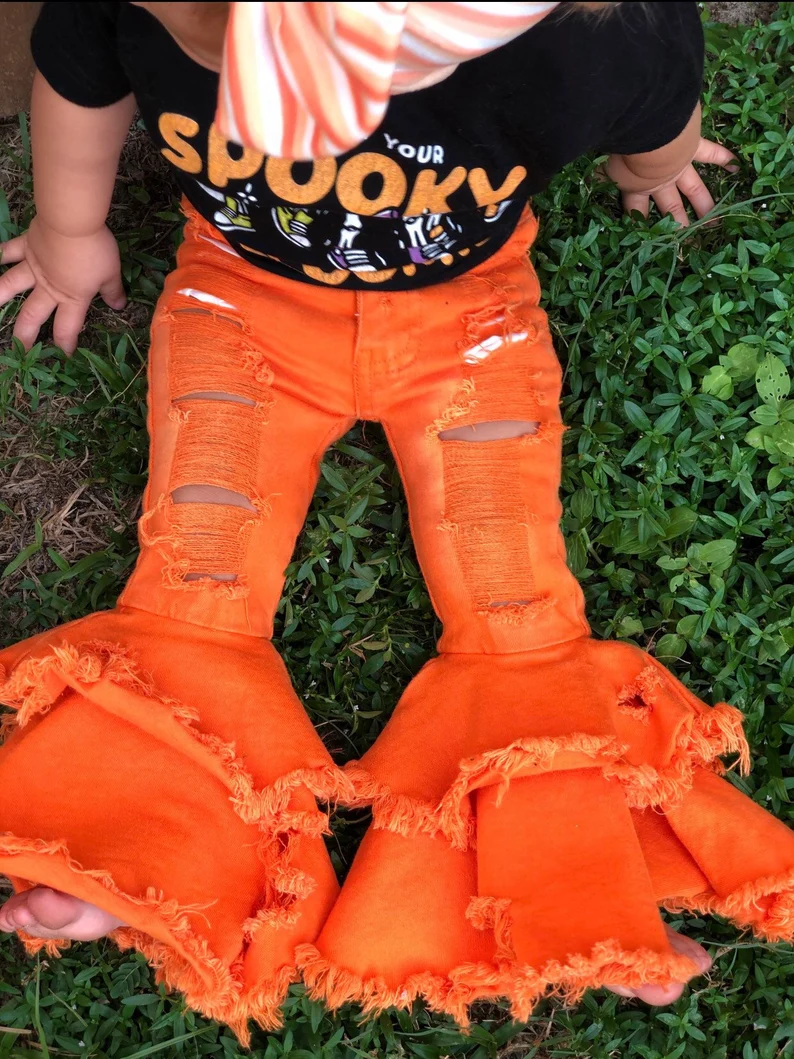 P0271 Orange Ripped Denim Flared Girl's Pants Jeans – Amy yu garments ...