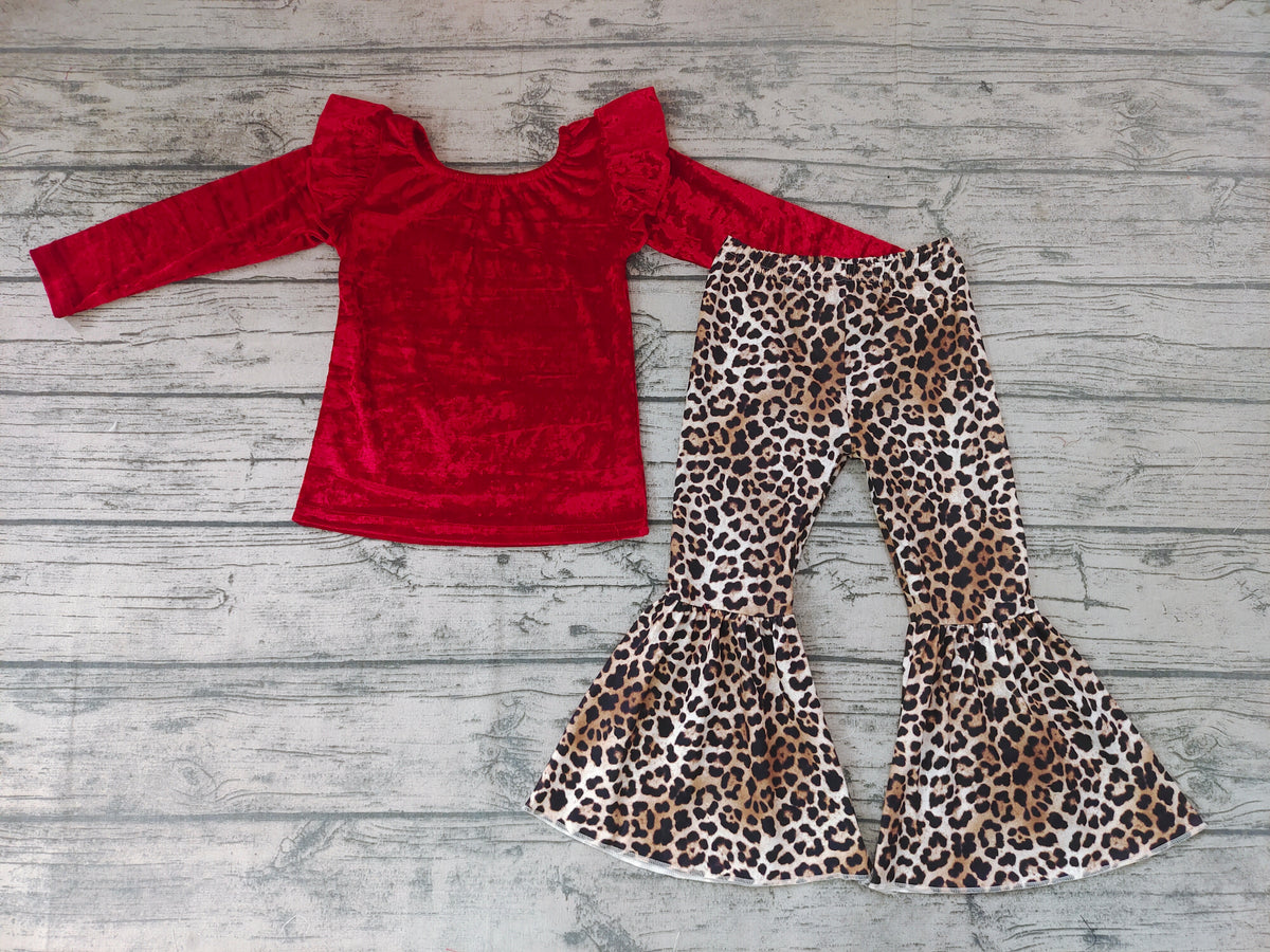 Gold Velvet Love Leopard Red Ruffles Girl's Set – Amy yu garments wholesale