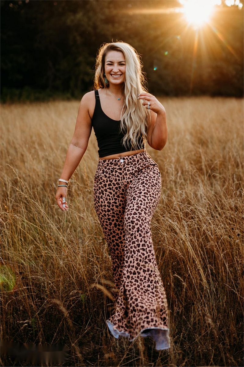 P0117 Adult Leopard Jeans Fashion Flared Pants – Amy yu garments wholesale