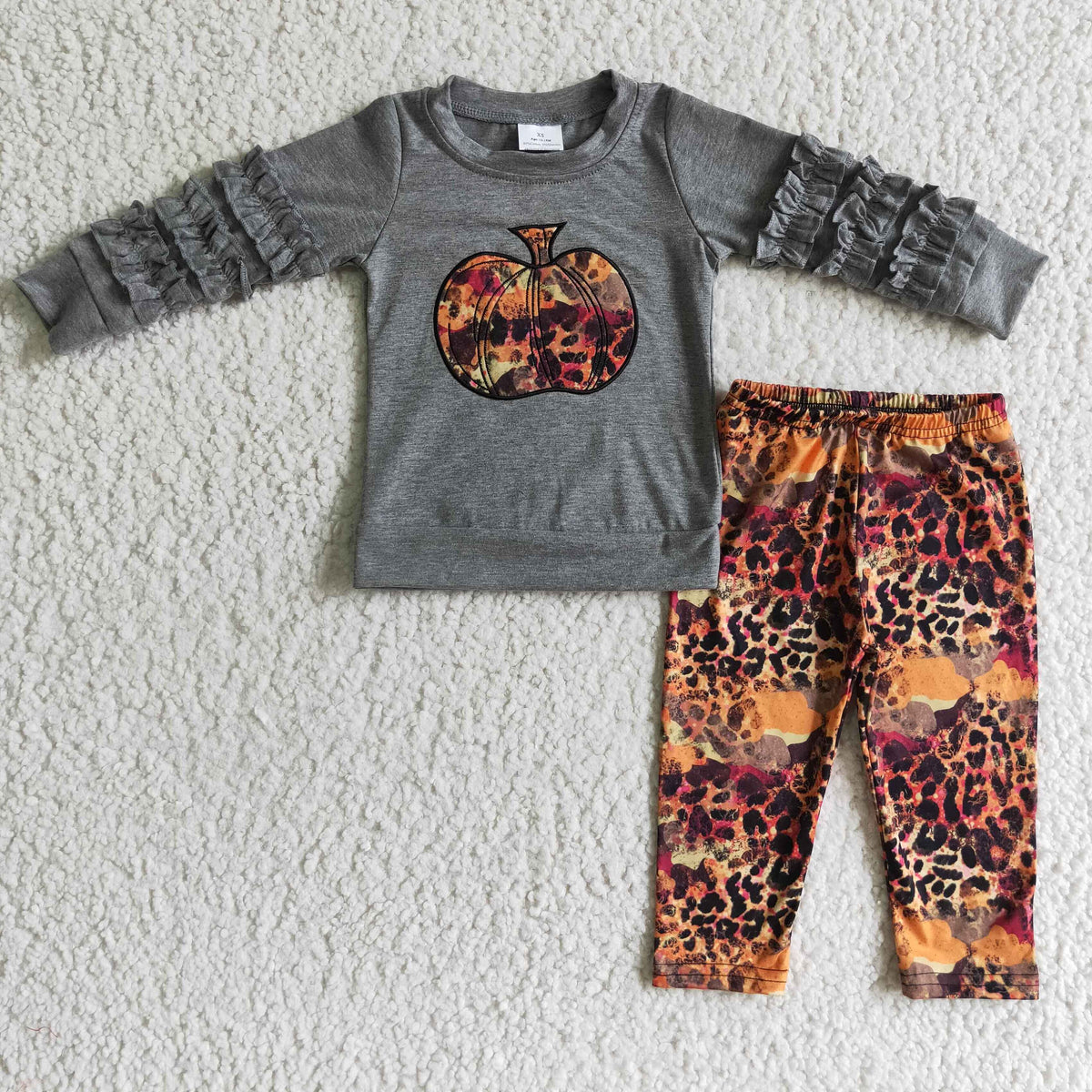 Fall Embroidery Pumpkin Leopard Ruffled Gray Girl's Set – Amy yu ...