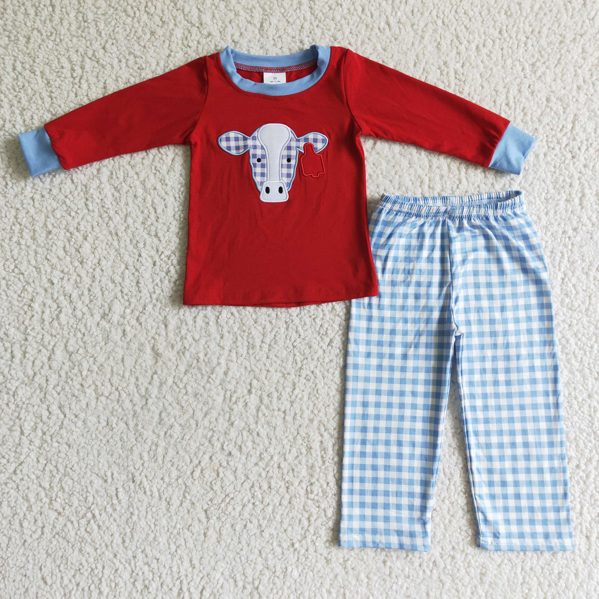 SALE BLP0019 Boutique Embroidery Cow Red Blue Plaid Cute Boy's Set ...