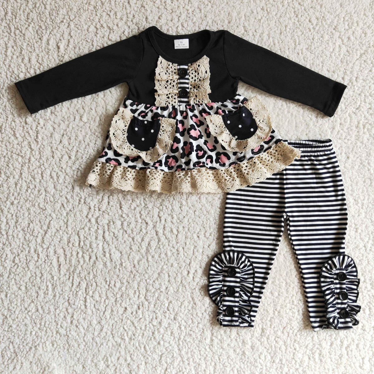Boutique Leopard Black Stripe With Lace Girl's Set – Amy yu garments ...