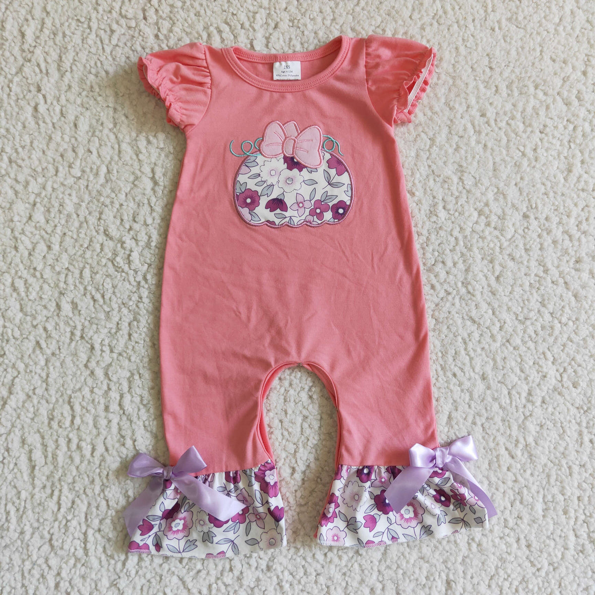 Fall Embroidery Pumpkin Ruffled Pink Flower Baby Cute Girl's Romper ...