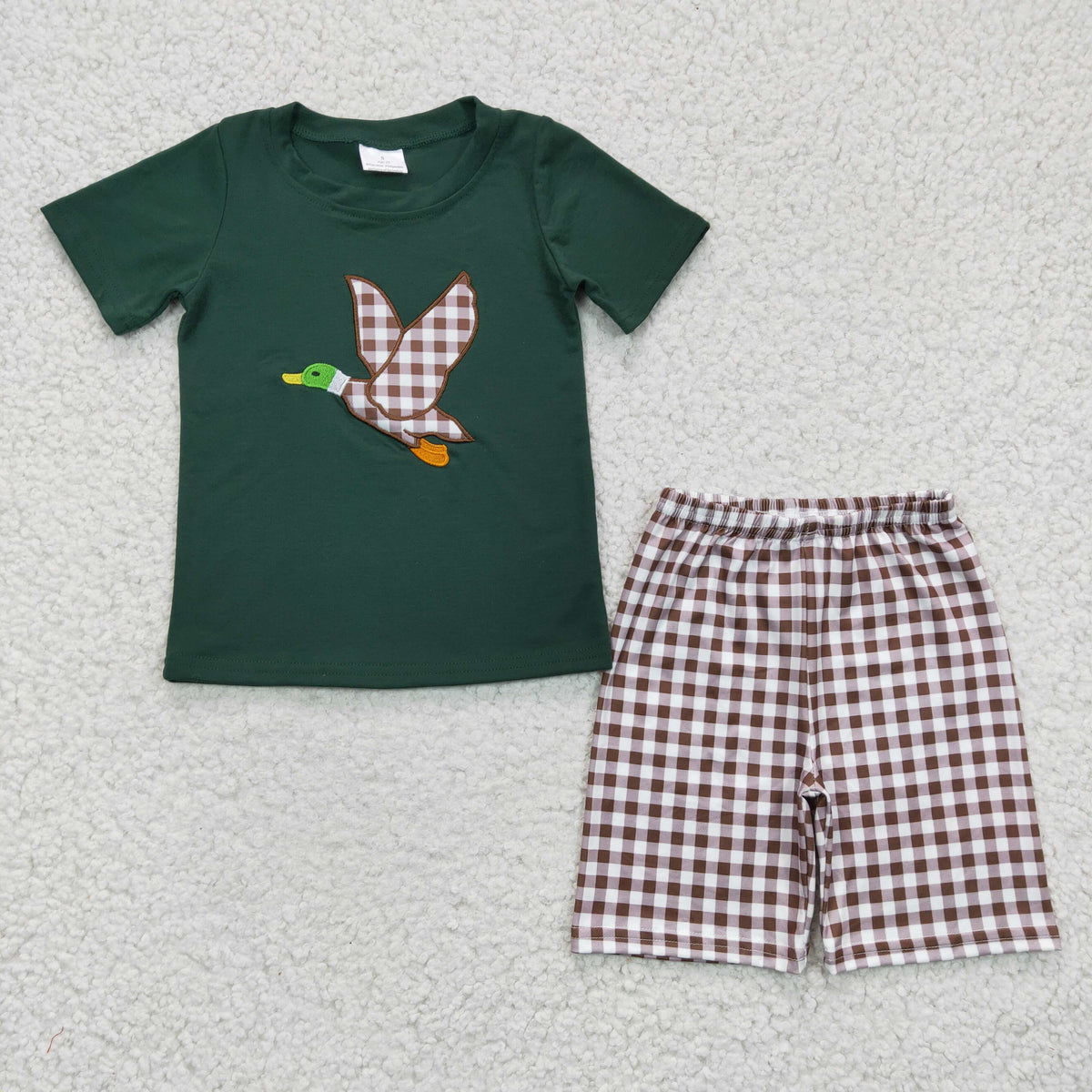 BSSO0117 Embroidery Mallard Summer Duck Green Plaid Boy's Shorts Set ...